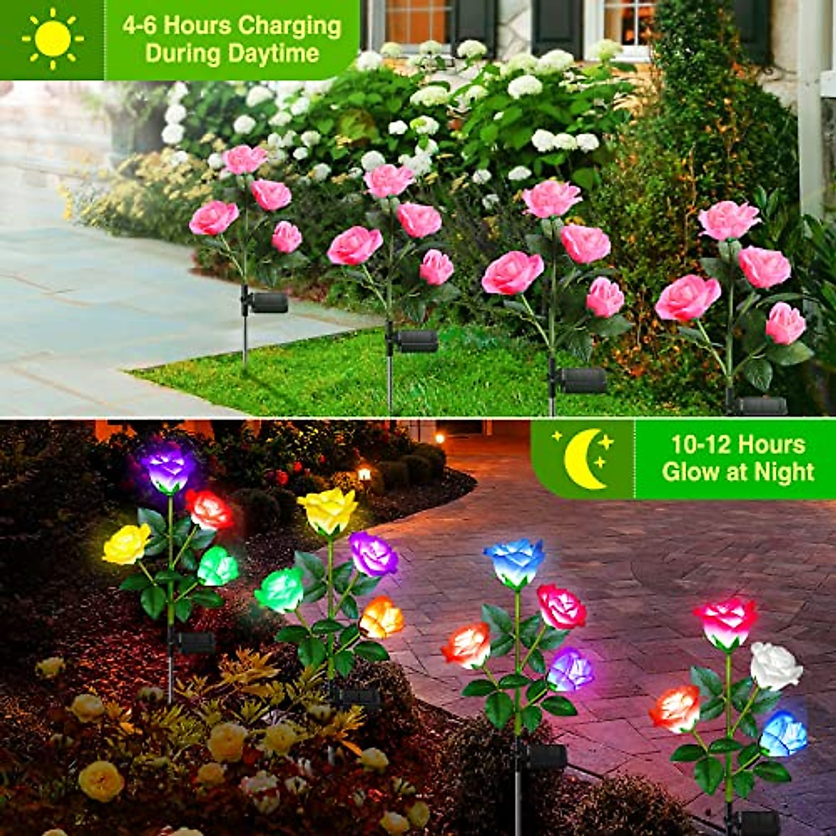 BUCASA Solar Garden Lights Outdoor 4 Pack, Upgraded Waterproof Solar Powered Outdoor Lights with 16 Rose Flowers, Bright Color Changing Solar Flower Lights for Pathway Walkway Patio Yard Lawn