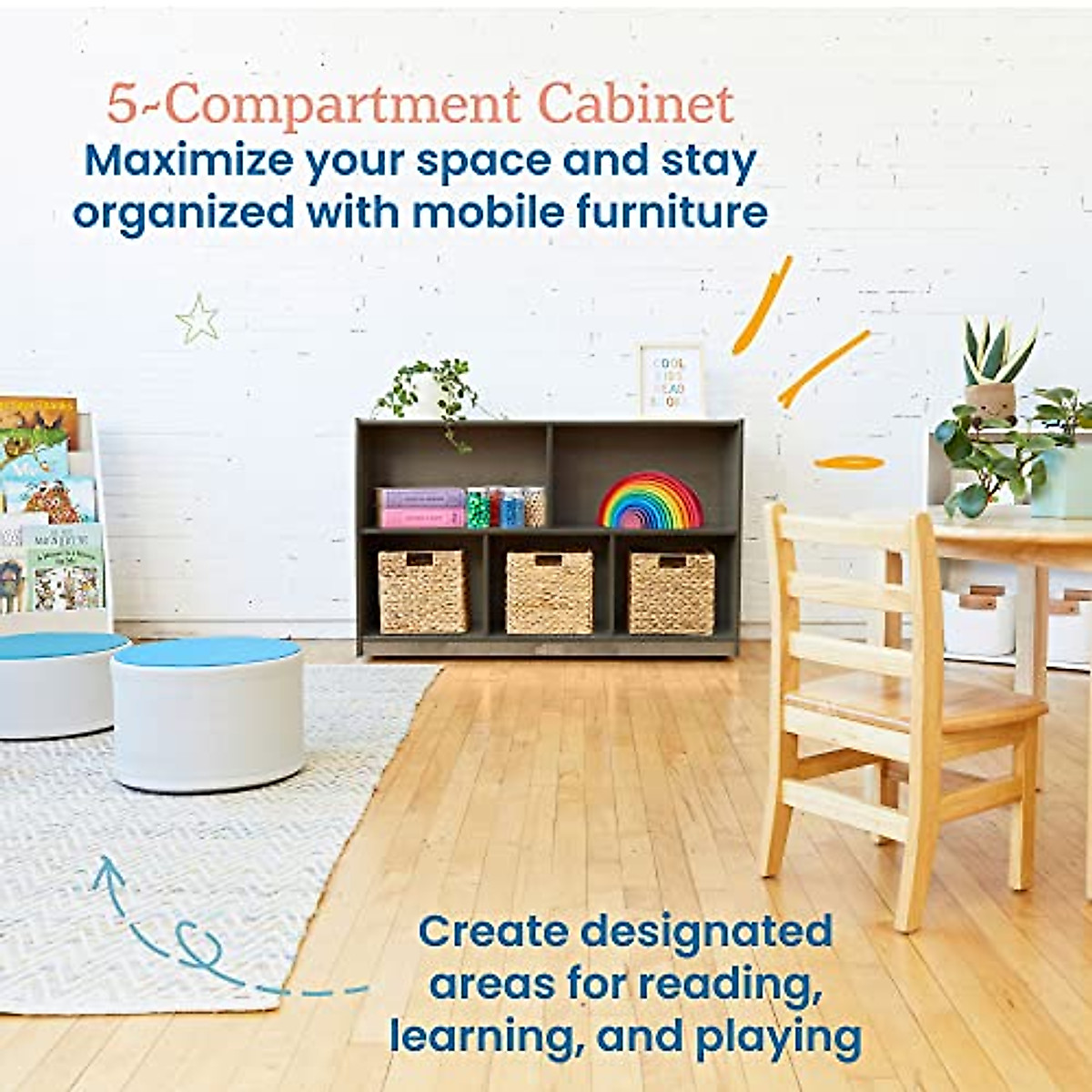 ECR4Kids 5-Compartment Mobile Storage Cabinet, 30in, Classroom Furniture, Grey Wash