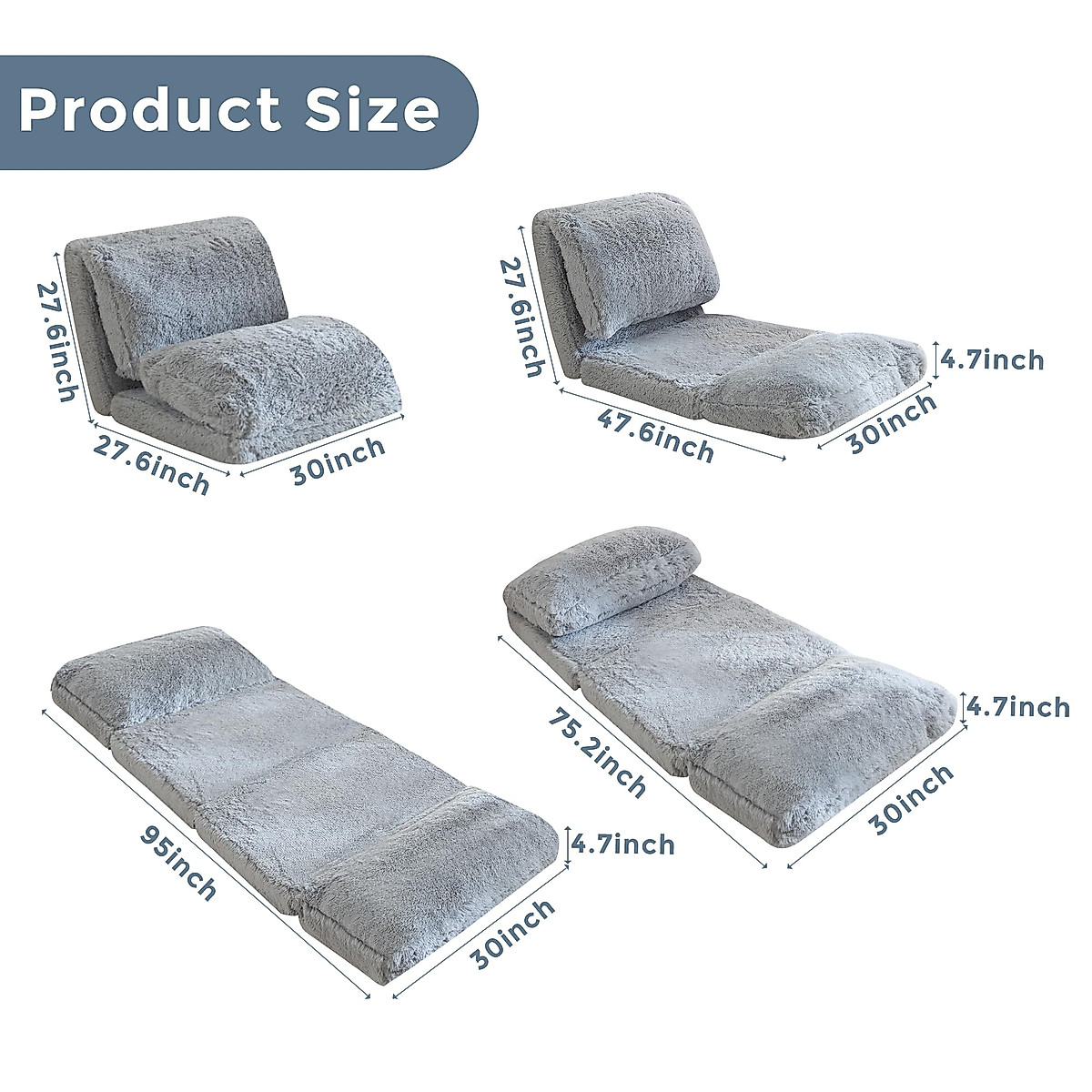 MAXYOYO Bean Bag Bed Floor Bed, Faux Fur Floor Sofa Floor Chairs for Adults, Folding Sofa Bed Foam Filling Wall Couch Sleeper Chairs Single Size Floor Mattress, Grey, 30x95 Inch