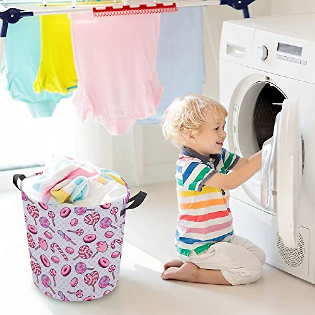 Pink Candies with Hearts Foldable Laundry Basket Waterproof Hamper Storage Bin Bag with Handle 16.5"x 16.5"x 17"