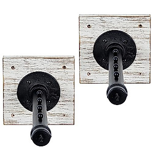 MyGift Wall Mounted Shabby White Washed Wood and Industrial Matte Black Metal Pipe Valet Bar, Clothing Hanger Rack with 4 Garment Hanging Hooks, Set of 2