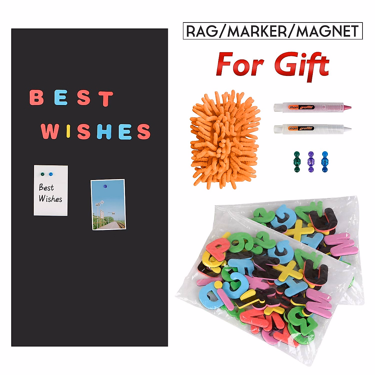 Board2by Magnetic Chalkboard Contact Paper for Wall, 38.9 x 18 Self Adhesive Chalk Board Wallpaper, Blackboard Paper with 46 Magnetic Letters for Kids, Black