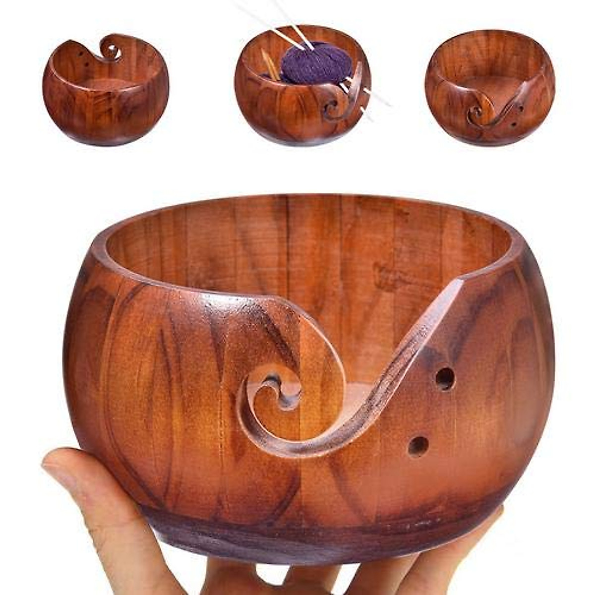 Augustusws Wooden Yarn Bowl Holder, Handmade Rosewood Woven Round Storage Basket Bowl Organizer wiht Holes for Knitting & Crochet
