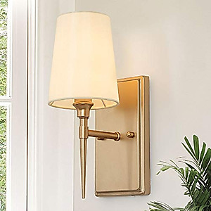 classy leaves Sconces Wall Lighting Fixture, 1 Light Gold Bathroom Light Fixtures with White Fabric Shade, Modern Gold Wall Sconce for Bathroom, Bedroom and Hallway (6.5" W x 12" H)