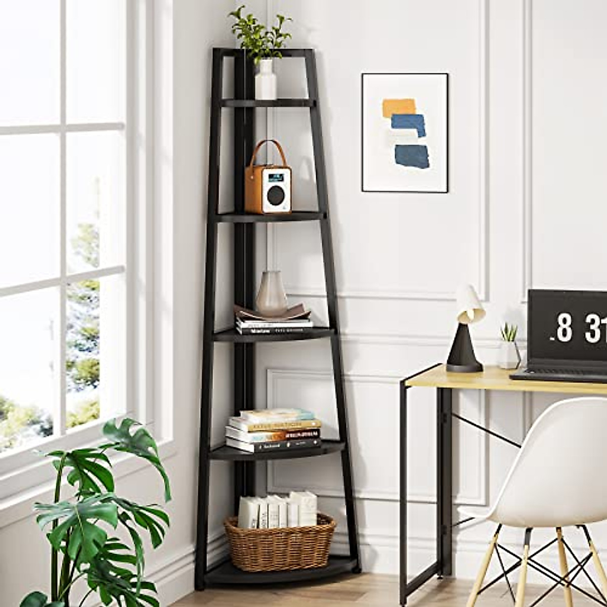 Tribesigns 5 Tier Corner Bookshelf and Bookcase, 70 inch Tall Corner Shelves Rustic Corner Ladder Shelf Indoor Plant Stand for Living Room, Kitchen, Home Office (Black)