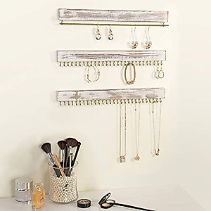MyGift 3 Piece Hanging Jewelry Rack for Wall, Whitewashed Wood Jewelry Organizer with Brass Metal Hooks and Rod for Holding Earrings, Bracelets, and Necklaces