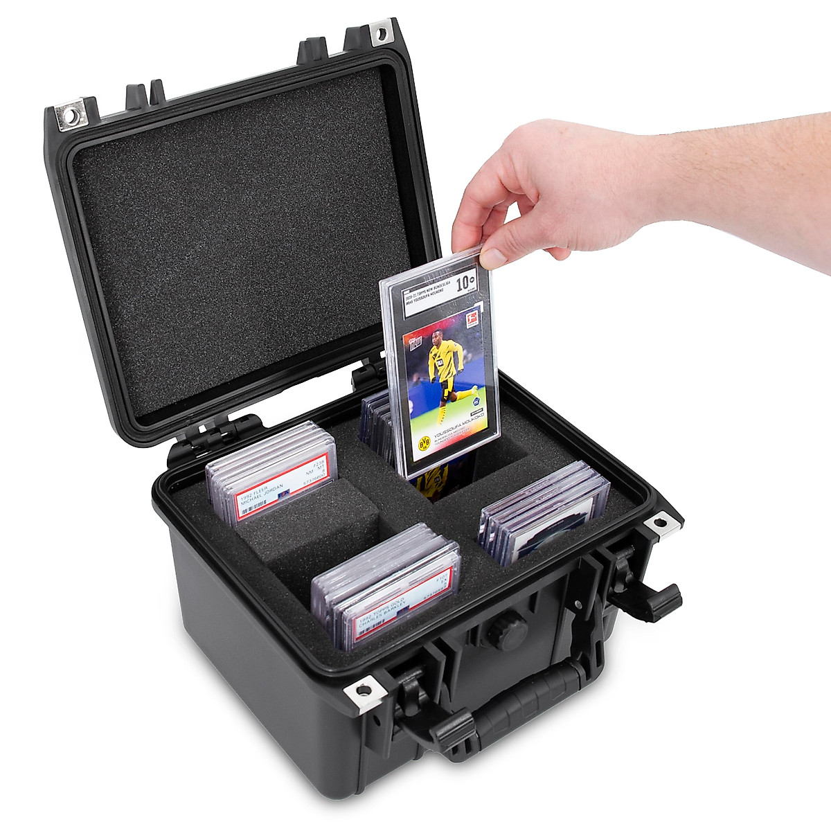 CASEMATIX Graded Card Case Fits 40 BGS PSA Slab Sleeves Graded Sports Trading Cards or 150 Top Loader Cards, IPX7 Waterproof Graded Sports Card Case and Trading Card Box With Dividers