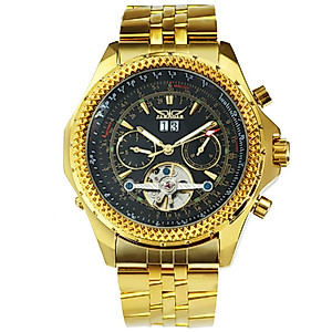 JARAGAR Golden Stainless Steel Tourbillion Design Calendar Display Mens Watches Brand Luxury Automatic Mechanical Wrist Watch