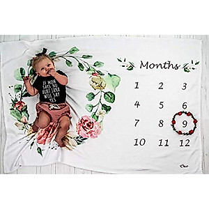 Baby Monthly Milestone Blanket for Girl & Boy - Floral Plush Fleece for Baby Photo – Baby Shower/Registry Gift – Baby Safe Soft Wrinkle Free - Swaddle and Throw - Bonus Wreath + Organic Cotton Bib