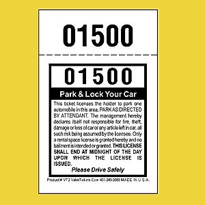2 Part Valet Parking Tickets, (2,000 Pack) Self Park, Park & Lock, Valet Stubs