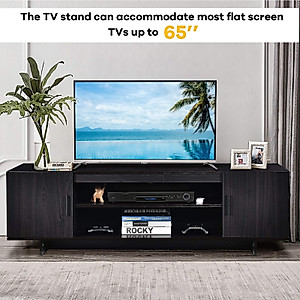 Tangkula Modern Wood Universal TV Stand for TV up to 65", Media Console with 2 Storage Cabinets & Open Shelves, Home Living Room Furniture Entertainment Center (Brown)