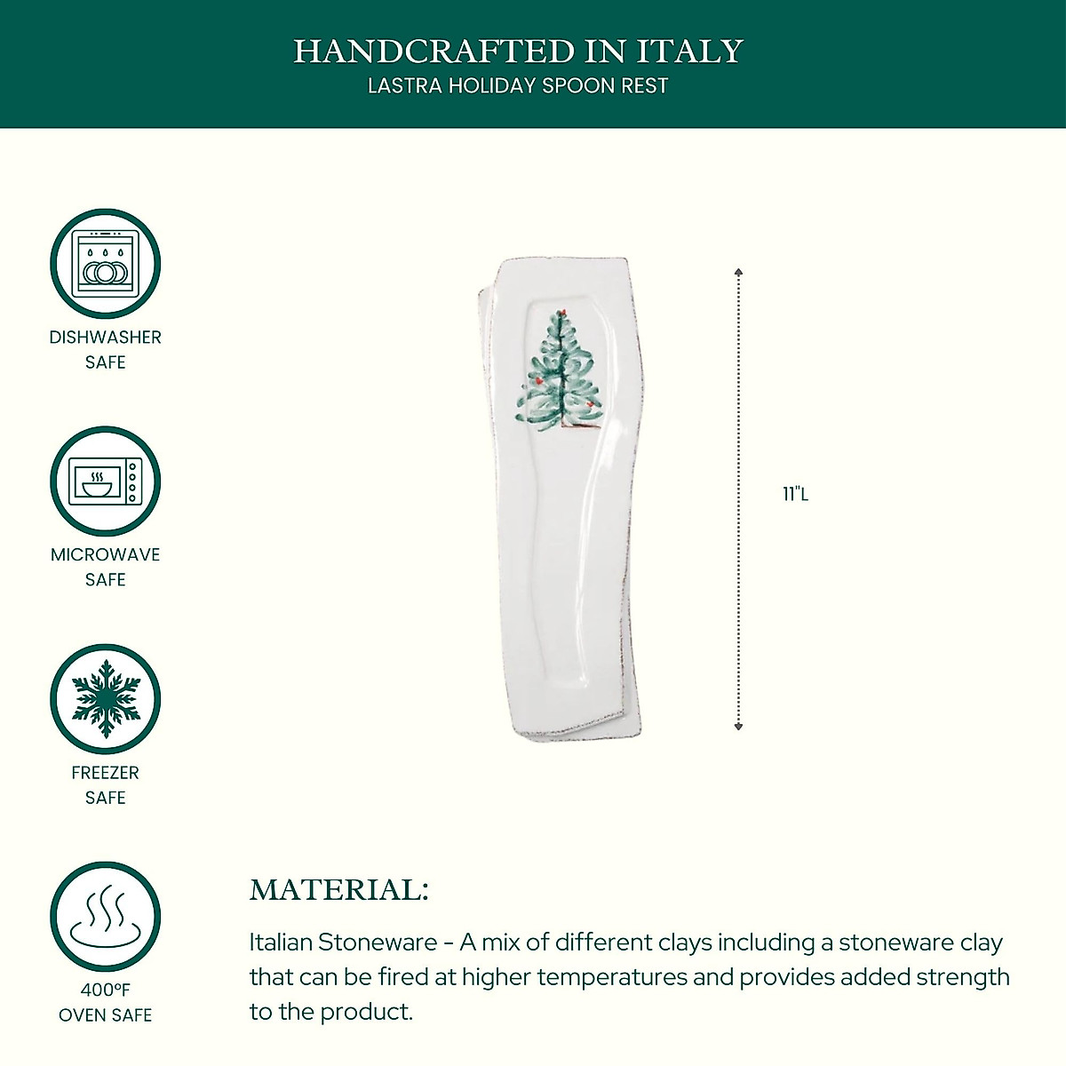 Vietri Lastra Holiday Spoon Rest, 11" Ceramic Cooking/Serving Utensil Tray, Stove/Counter Decor