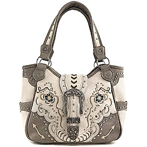 Zelris Floral Poppy Buckle Western Women Conceal Carry Tote Handbag Purse Set (Beige Silver)