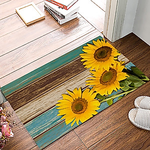 Door Mat for Bedroom Decor, Vintage Sunflowers On Blue Brown Wooden Board Floor Mats, Holiday Rugs for Living Room, Absorbent Non-Slip Bathroom Rugs Home Decor Kitchen Mat Area Rug 18x30 Inch
