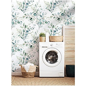 HAOKHOME 93042 Peel and Stick Wallpaper Green/White Eucalyptus Leaf Floral Wall Mural Home Nursery Boho Decor 17.7in x 9.8ft