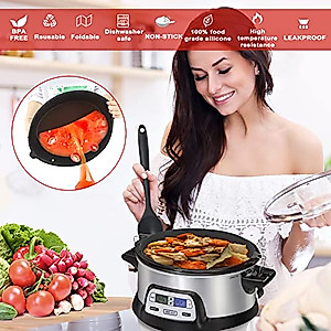 Silicone Slow Cooker Liners, SelfTek Reusable Liner Fits Crock-Pot &Hamilton Beach 7-8 Qt Oval, Foldable, Leakproof Dishwasher Safe Cooking Insert Includes Spoon - Black 1Set