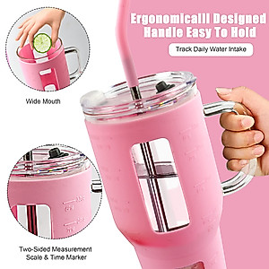 32 oz Glass Tumbler with Bamboo Mug 2 Straws & 2 Lids, Reusable Glass Water Bottles with Handle, Iced Coffee Cup with Silicone Sleeve, Boba and Drinking Straw Fits in Car Cup Holder BPA Free,Pink