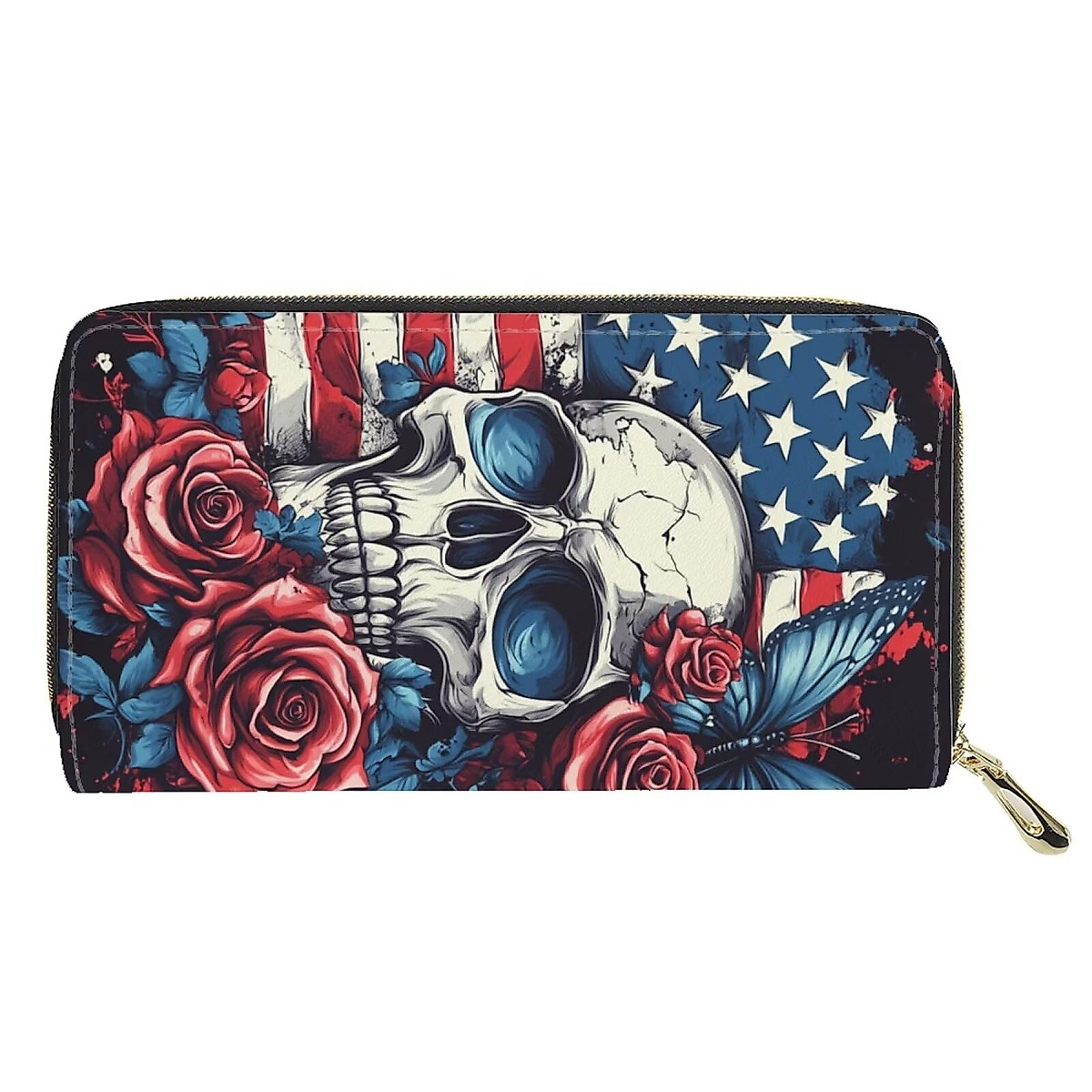 Snilety Women Long Wallet PU Leather Card Case, Red Rose Printed RFID Credit Card Holder Zipper ID Card Travel Wallet