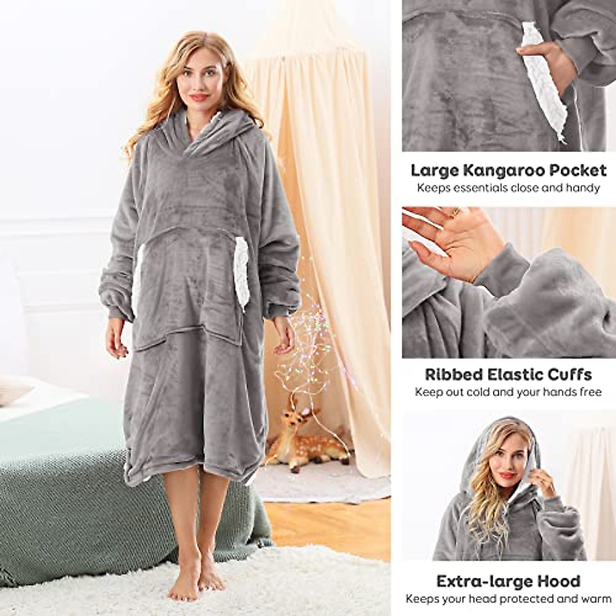 Uttermara Knit Weighted Blanket 15 Pounds 48x72 Inches, Weighted Blankets Knitted, Grey + Blanket Hoodie Women and Men with Giant Front Pocket Elastic Sleeve, Gray