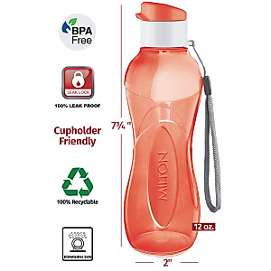 MILTON 6- pack -12 oz Kids Water Bottle for School Reusable Leak proof Small Sports Water Bottle BPA Free Durable Plastic Leak Free with Carry Strap for Lunch Travel Cycling Camping Gym Yoga -6 colors