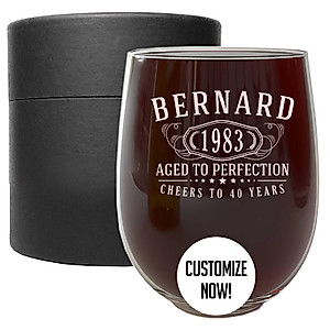 Personalized Etched 17oz Stemless Wine Glass - Customized Gifts for Women, Unique Custom Name Happy 40th Birthday Gifts for Mom Sister Adult Daughter, Turning Years Old for Her, Bday Party, Bernard