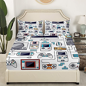 Boys Game Fitted Sheet Gamepad Printed Bedding Set for Kids Teens Videogame Controller Fitted Bed Sheet Gaming Console Bedding Decor Set Twin Size 1 Fitted Sheet with 1 Pillow Case(No Top Sheet)