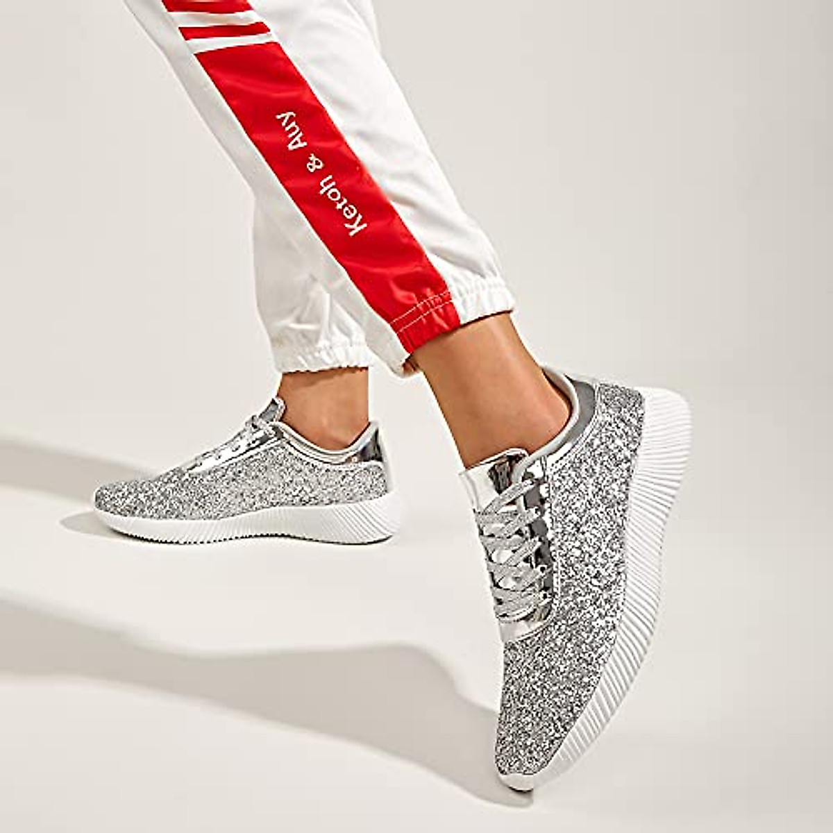 BELOS Women's Glitter Shoes Sparkly Lightweight Metallic Sequins Tennis Shoes(8.5B(M) US, Silver)