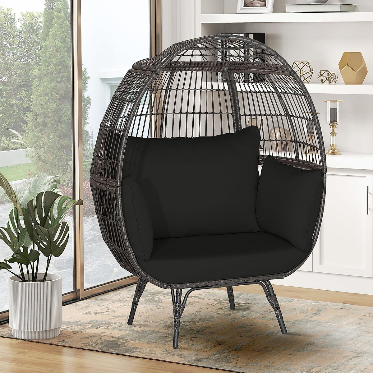 Giantex Oversized Wicker Egg Chair, Outdoor & Indoor Hammock Chair with Thick Cushions, 2-Person PE Rattan Lounge Chair Swing Chair for Patio, Backyard,Porch, 450 LBS Weight Capacity (Black)