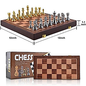 Agirlgle Metal Chess Set for Adults and Kids – Deluxe Chess Board with Chess Pieces – Travel Wooden Chess Set with Metal Pieces – Folding Chessboard – Ideal for Beginners and Professional Players