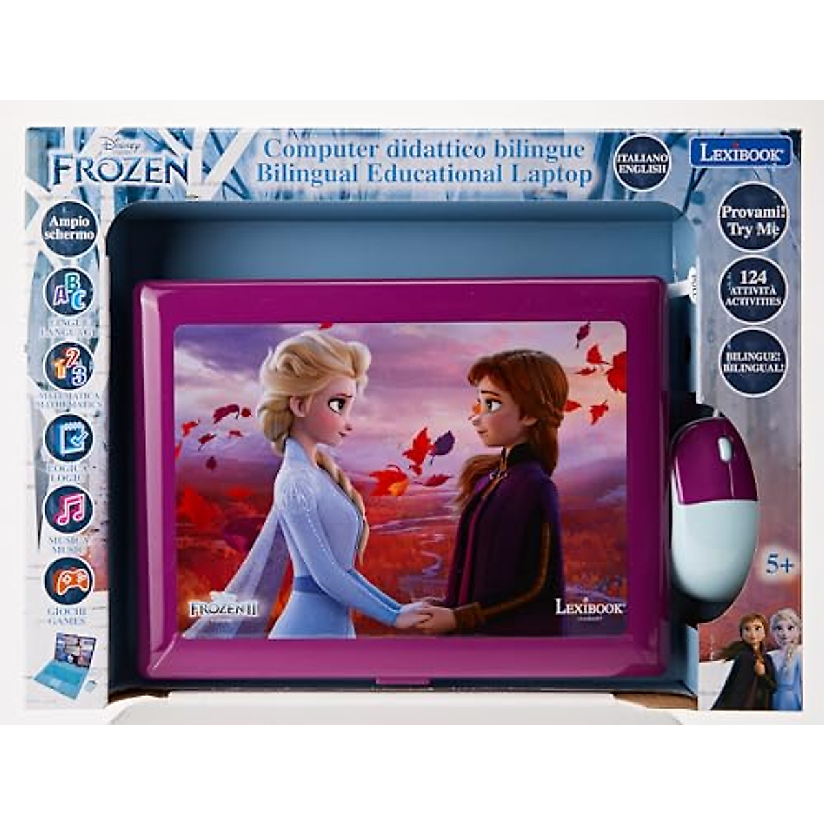 Lexibook JC598FZi5 Disney Frozen 2-Educational and Bilingual Laptop Italian/English-Girls Toy with 124 Activities to Learn, Play Games and Music with Elsa & Anna-Blue/Purple, Multicoloured, Small