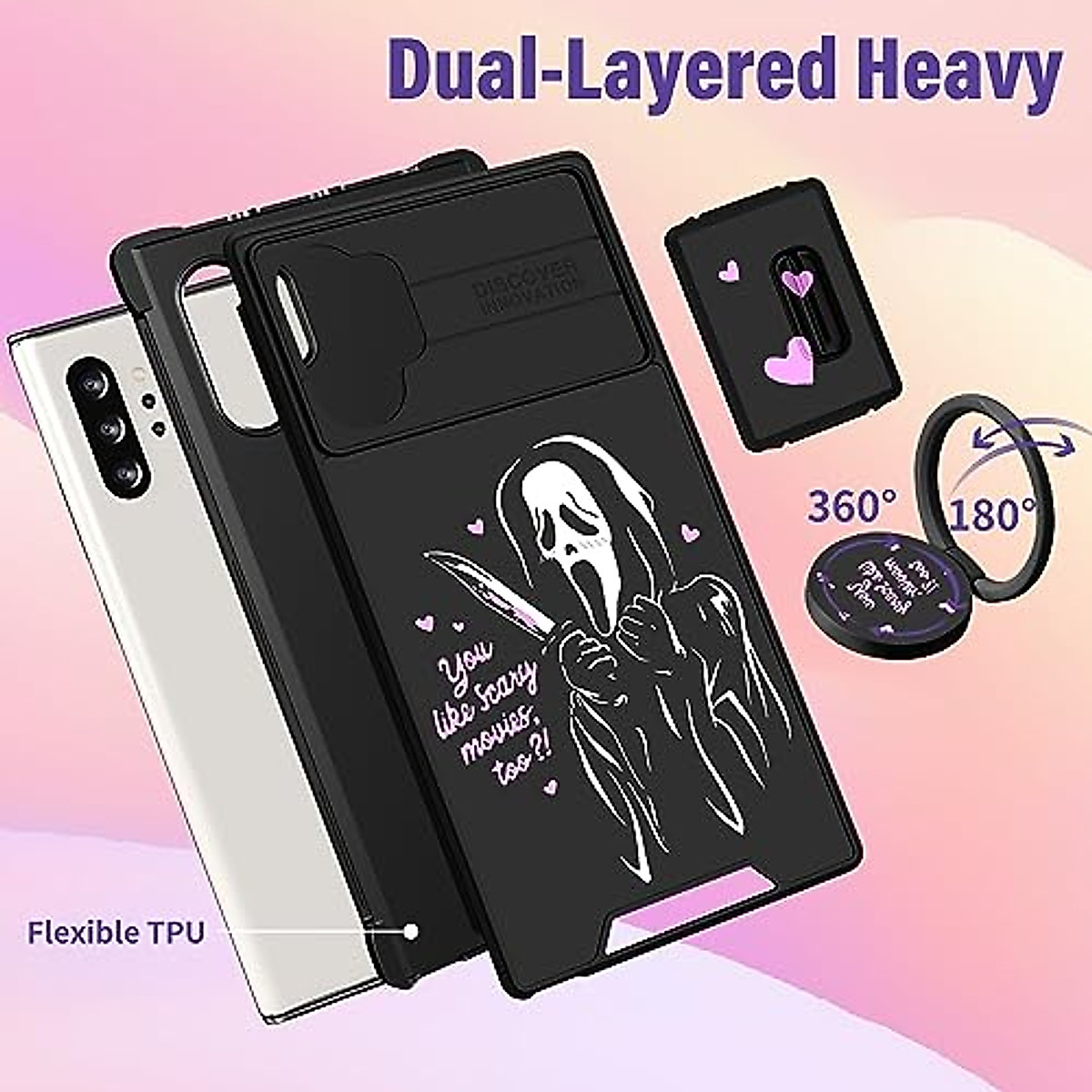 oqpa for Samsung Galaxy Note 10 Plus Phone Case Cute Cartoon Case for Galaxy Note 10 Plus for Women Girly Kawaii Funny Cover with Camera Cover+Ring Holder for Note 10+ Plus, Heart Skull