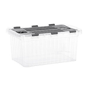 Superio Storage Box with Hinged Lids, Plastic Container Bins for Organizing with Attached Lid, Stackable Crates, BPA Free, Organizers for Home, Office, Dorm (Clear with Grey Lids, 15"x10"x7")