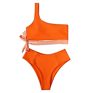 MOOSLOVER Women One Shoulder High Waisted Bikini Tie High Cut Two Piece Swimsuits(M,Orange)