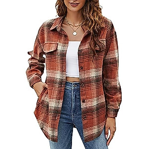 Blooming Jelly Flannel Shirts for Women Long Sleeve Plaid Shirt Shacket Jackets Fall Outfits 2025 (X-Large, Orange)