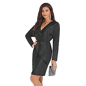 Long Sleeve V Neck Sparkle Wrap Dress Ruched Cocktail Party Dresses Bodycon Midi Sexy Club Dress Black S