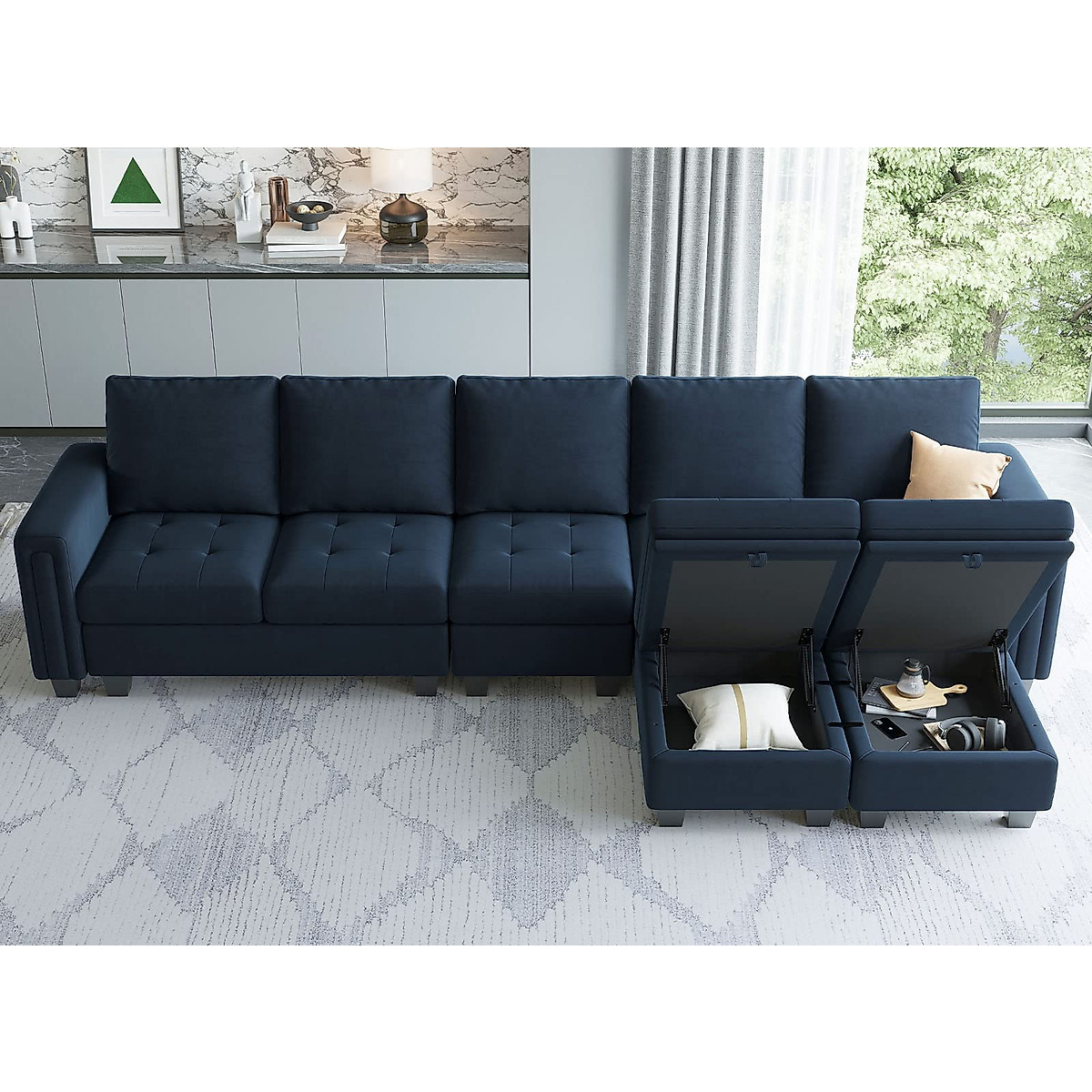 Belffin Large Velvet L Shaped Sectional Sofa Couch with Reversible Double Chaises Modular Sectional Sofa Couch with Storage Ottomans Convertible Sectional Sofa Blue