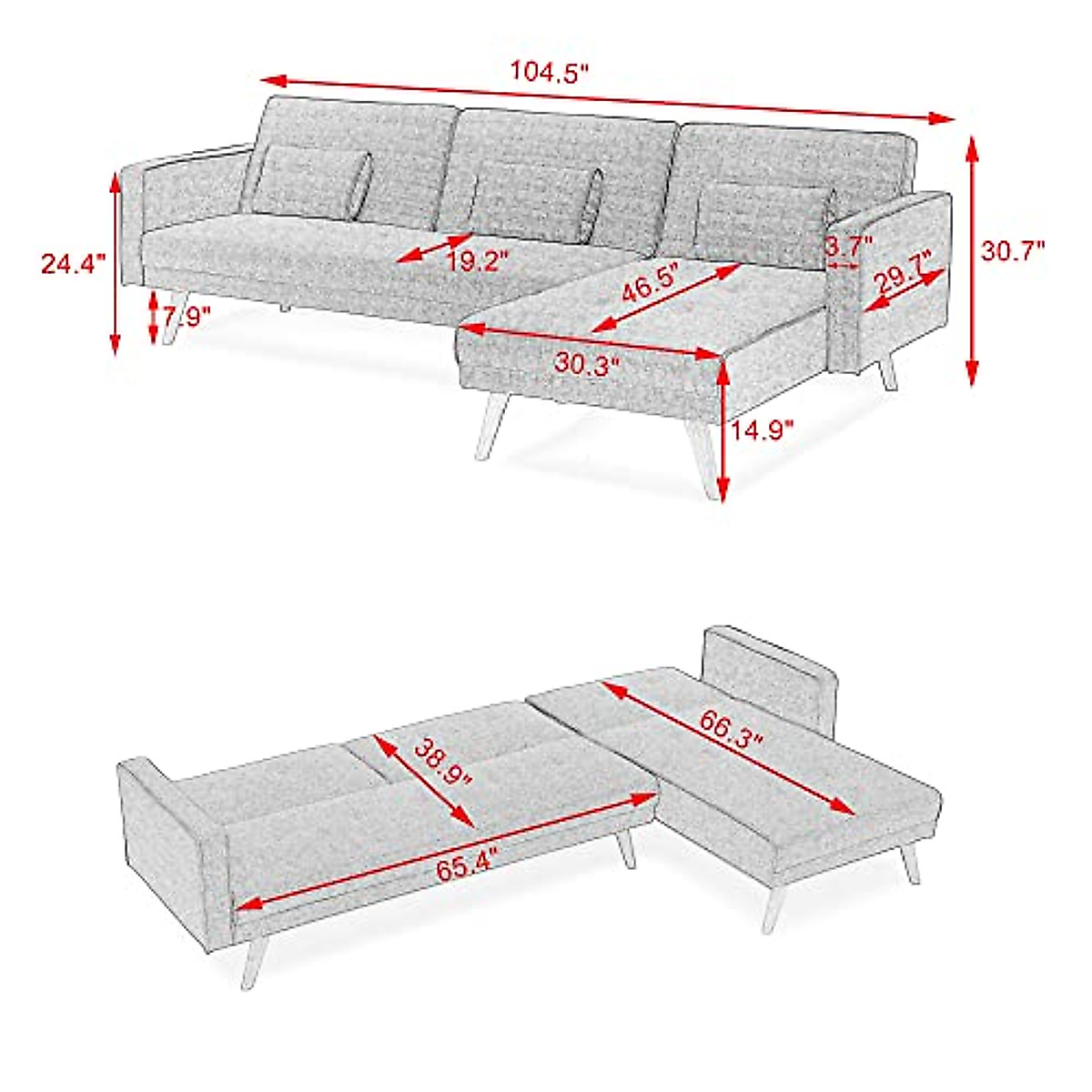 Penifun L Shaped Couch Sectional Sofa 3 seat Set for Living Room, 104.5" W 3 Seater Right Chaise Lounge, Convertible Folding Futon Bed Sleeper with 3 Pillows & 3 Backrest Settings-120°/150°/180°, Gray
