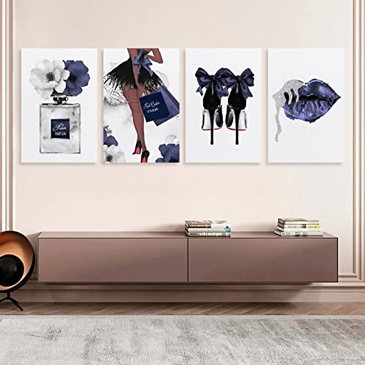 Yamaxun ART Fashion Art Blue Silver Prints Illustration African American Gray Navy Perfume Dripping Lips High Heels Wall Art Decor Set of