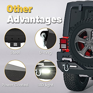 ECOTRIC Steel Rear Bumper Compatible with 2007-2018 Jeep Wrangler JK with Tire Carrier Bumper w/Lockable Tire Carrier 2" Receiver 2Pcs High Powered LED Floodlights Textured Black 2 Packages