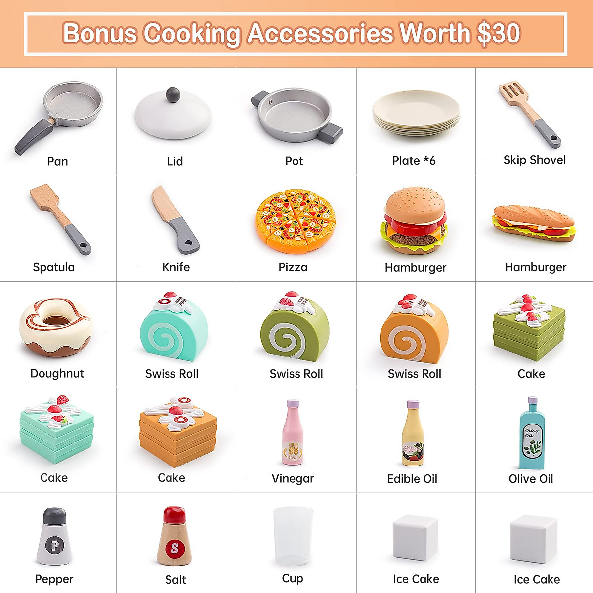 Bruvoalon Wooden Play Kitchen Toy Set for Kids, with Realistic Design, Sink with Faucet, Oven, Microwave, Utensils, Kitchenware Play Food Set Accessories, Birthday Gifts for Toddlers Boys Girls (Pink)