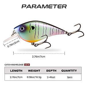 Basskiller 1pcs Square Bill Crankbait, Bass Fishing Lure, Floating Erratic Action Topwater Fishing Lures, 3D Eyes Fishing Gear Trout Lure with Sharp Hooks for Shallow Water, Freshwater, Saltwater