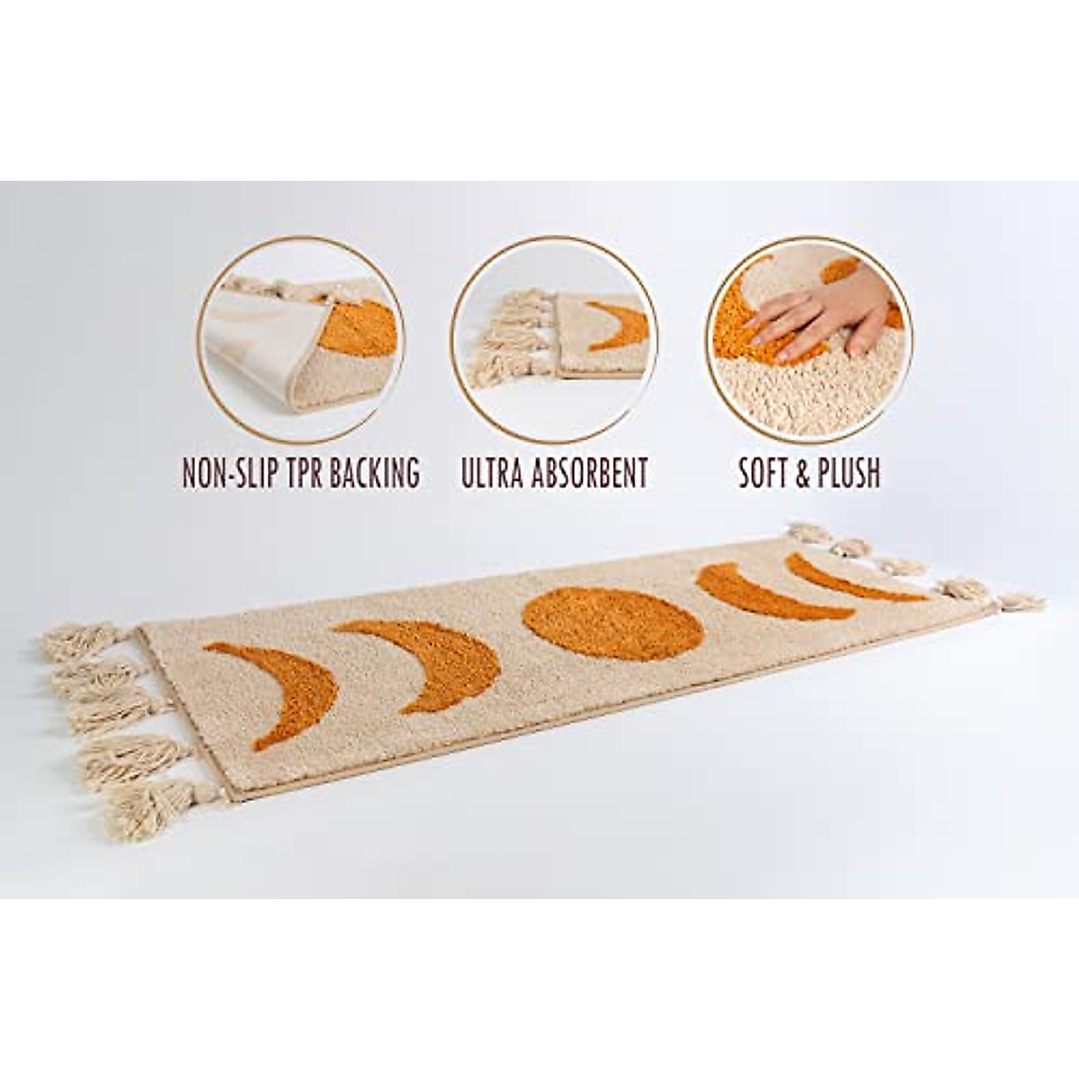 LABEND HOME Half Moon Bohemian Area Rugs, Moon Phases Bath Mat with Tassels for Bathroom, Bedroom, College, Dorm, Boho Room Décor, Beige Neutral Creamy Orange 20x60