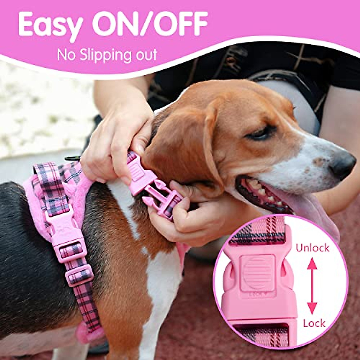 PoyPet Plush Dog Harness, Soft Padded No Pull Vest Harness, Reflective Adjustable Escape Proof with Easy Control Handle for Small Medium Large Dogs(Checkered Pink,S)