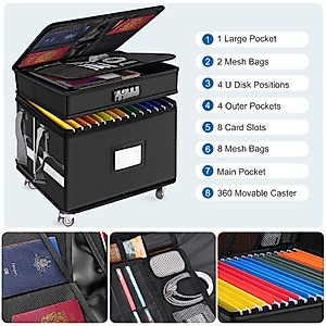 Fireproof Document Box with Lock, 2 Layer File Organizer Box with Wheels, Collapsible Safe File Box Document Organizer for Home Office,Rolling File Cabinet for Hanging Letter/Legal Folder