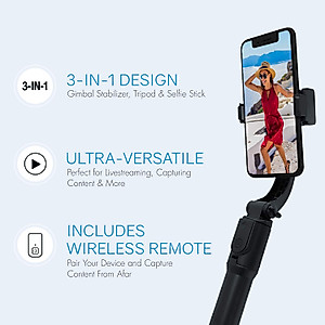 Realm Selfie Gimbal Stabilizer with Wireless Remote for Smartphones, Extendable Bluetooth Selfie Stick & Tripod, 1-Axis Smartphone Gimbal