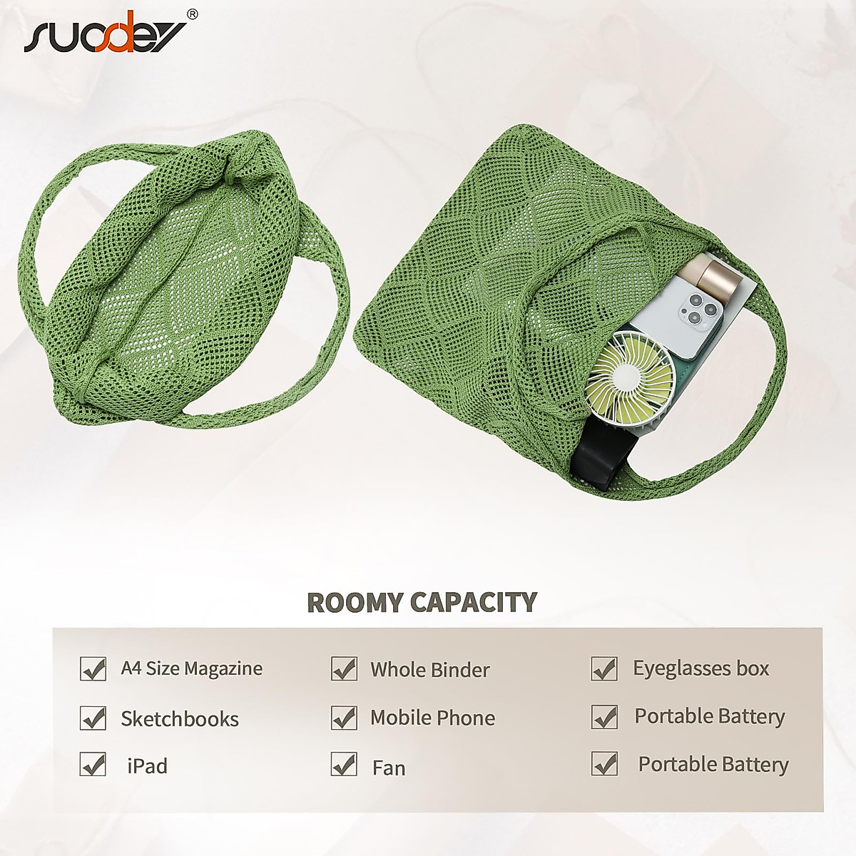 SUOSDEY Crochet Mesh Beach Tote Bag, Cute Summer Aesthetic Knit Bag for Women,green