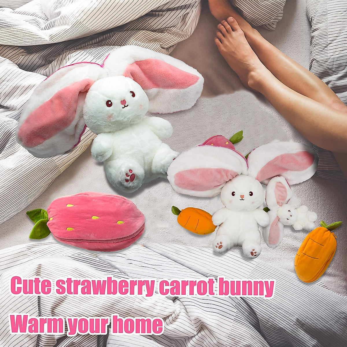 YOUBLEK Bunny Stuffed Animal,Strawberry Reversible Cuddle Bunny Plush Doll with Zipper Cute Soft Rabbit Toys Pillow for Kids and Adults Easter Bunnies Plushies Gifts (Strawberry, 7.09 inches)