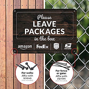 Package Delivery Sign, Please Leave Packages In The Box Wood Background, 10x7 Inches, Rust Free .040 Aluminum, Fade Resistant, Indoor/Outdoor Use, Made in USA by Sigo Signs