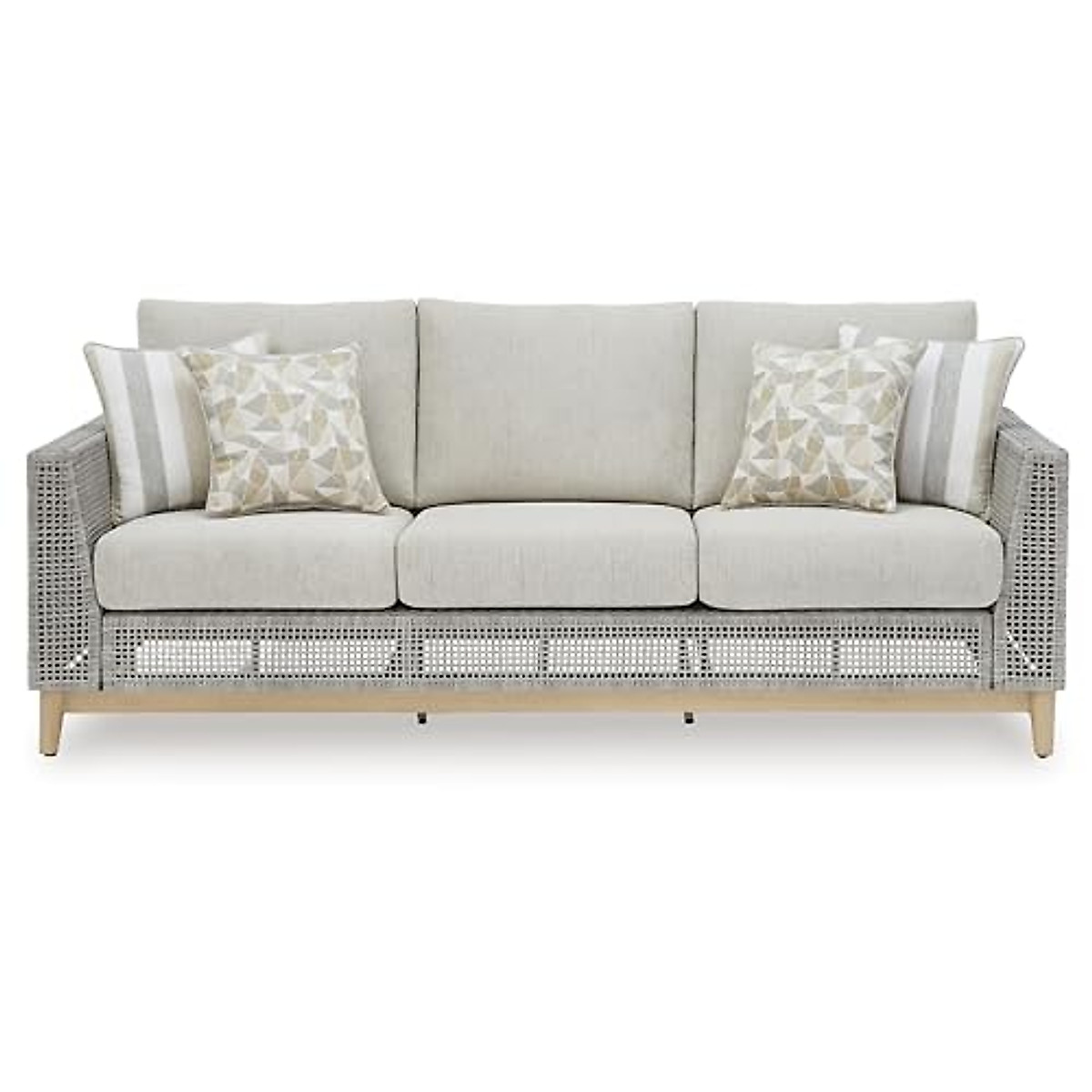 Signature Deisgn by Ashley Seton Creek Outdoor Sofa with Cushion, 83" W x 36" D x 36" H, Light Brown & Light Gray