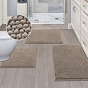 Turquoize 3 Pieces Bathroom Rugs Sets Non Slip Extra Absorbent Chenille Shaggy Bath Mat Set for Bathroom Floor with Toilet Rugs for Tub, Washable Shower Mat(17"x24"+20"x32"+20"x24"U-Shaped, Taupe)